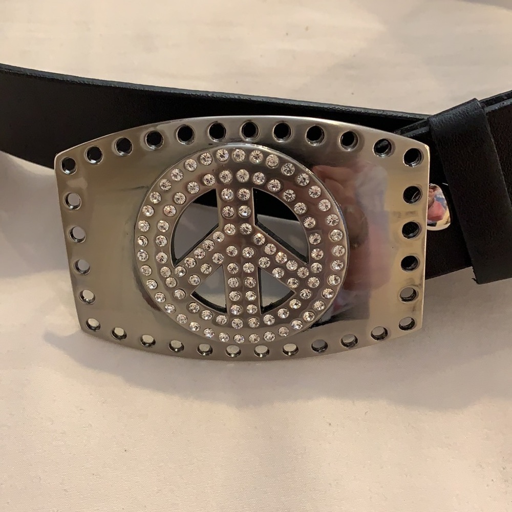 Beautiful Genuine Black Leather Peace Sign Belt - Gem